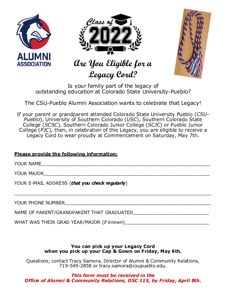 Fillable Online alumni.uccs.edulegacy-cordLegacy Cord ProgramAlumni Fax ...