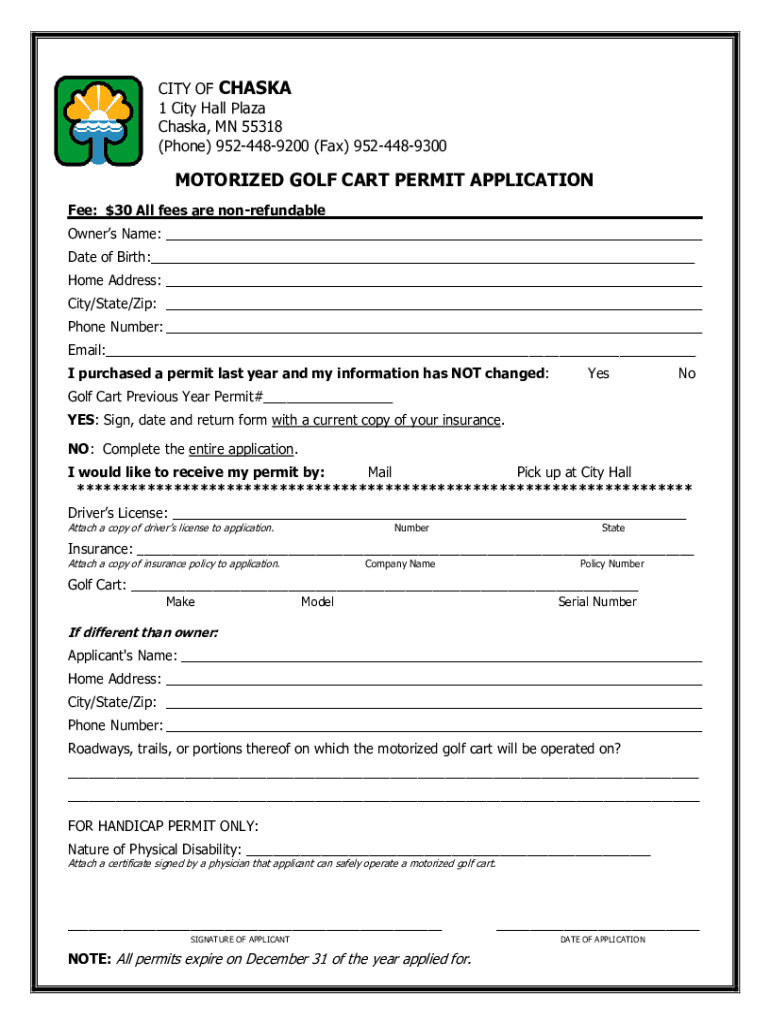 Fillable Online Motorized Golf Cart Permit Application Fax Email Print ...