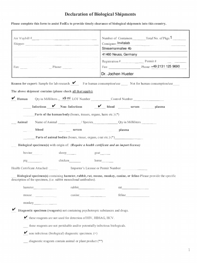 Fillable Online Declaration of Biological Shipments for RESEARCHHow to Ship Clinical ...