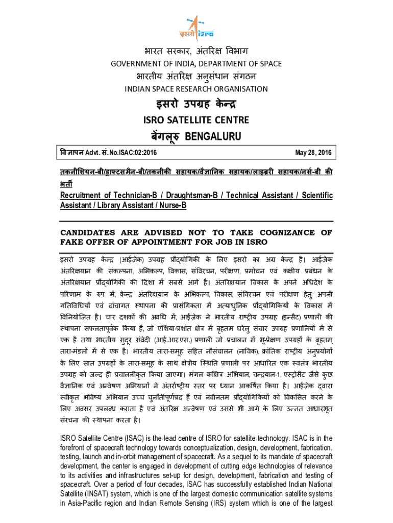 Fillable Online ISROISRO - Government of IndiaU R Rao Satellite Centre ...