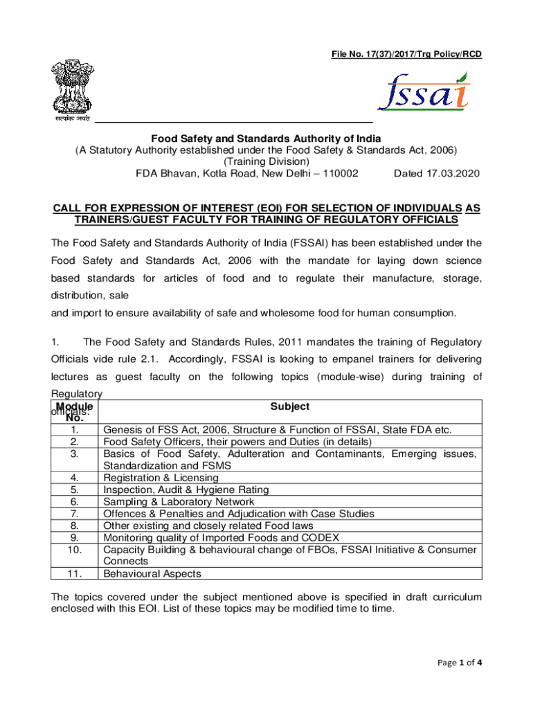 Fillable Online Food Safety and Standards Authority of India (A ...