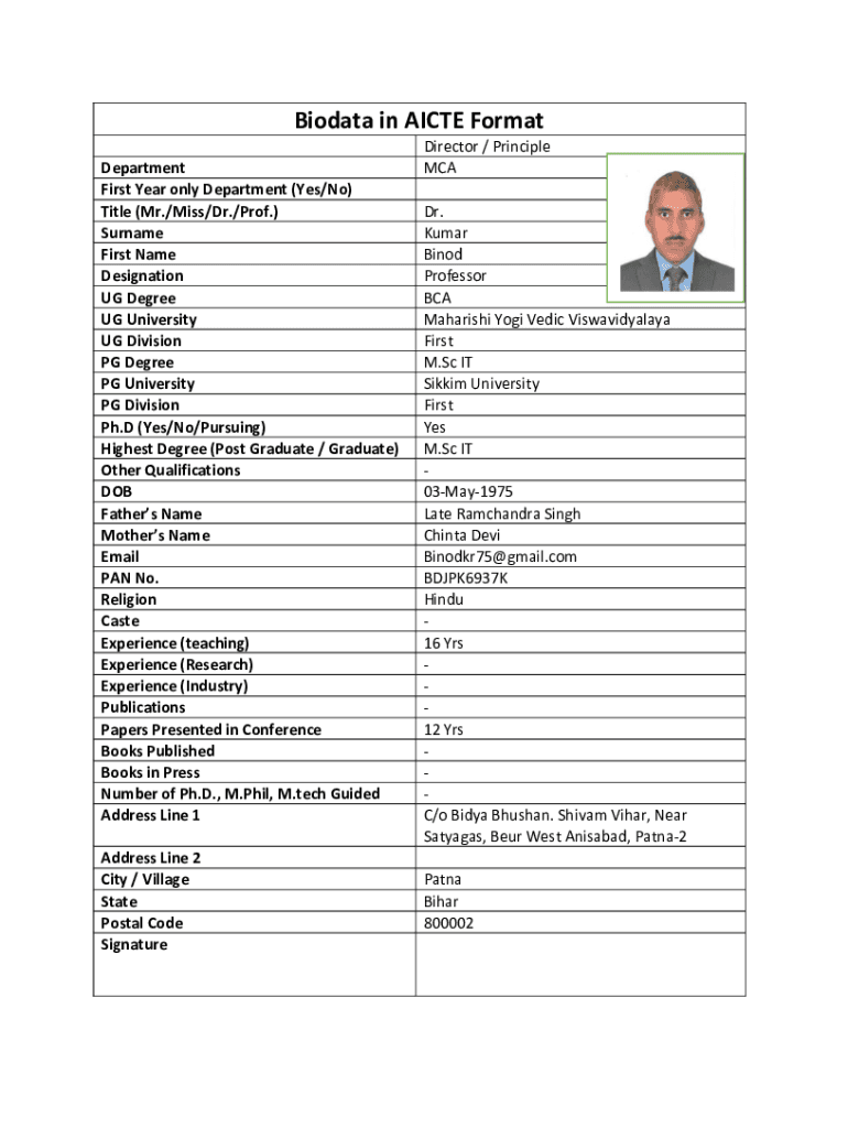 Fillable Online Biodata in AICTE format - -biodata...Resume Biodata in AICTE format ... Fax ...