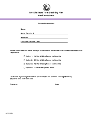 Fillable Online MetLife Short Term Disability Plan Enrollment Form Fax ...