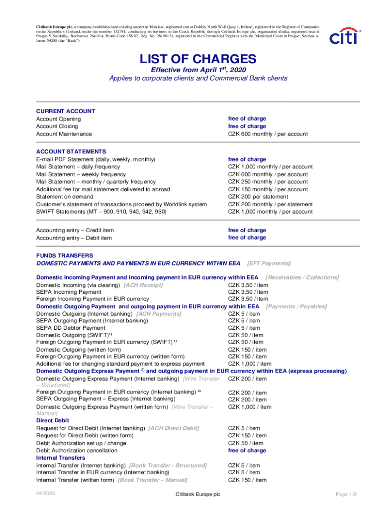 Fillable Online LIST OF CHARGES - Citi.com Fax Email Print - pdfFiller