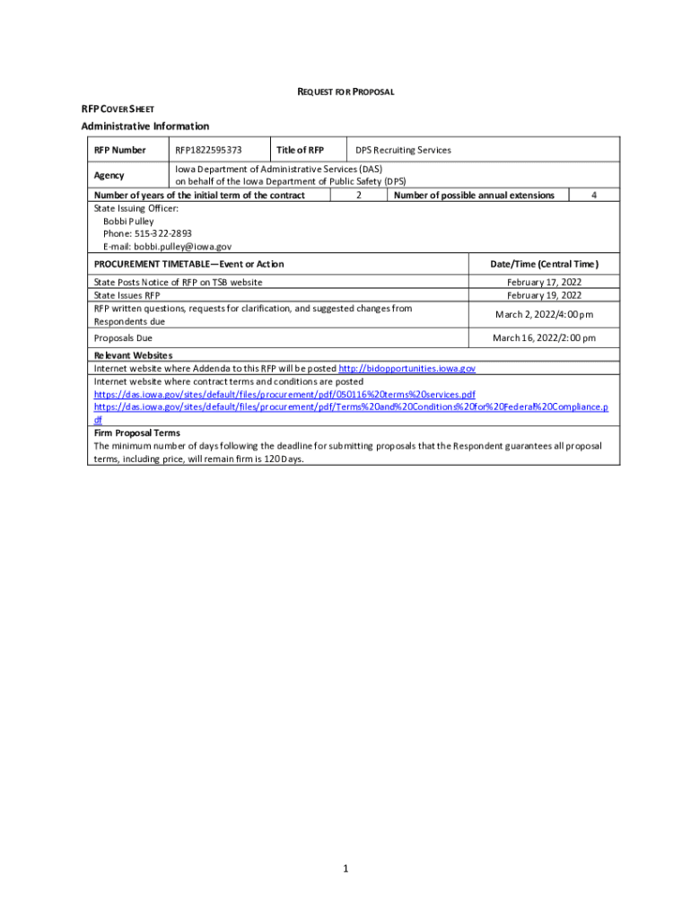 Fillable Online Request for Proposal RFP Cover Sheet Administrative Information ... - Iowa Fax ...