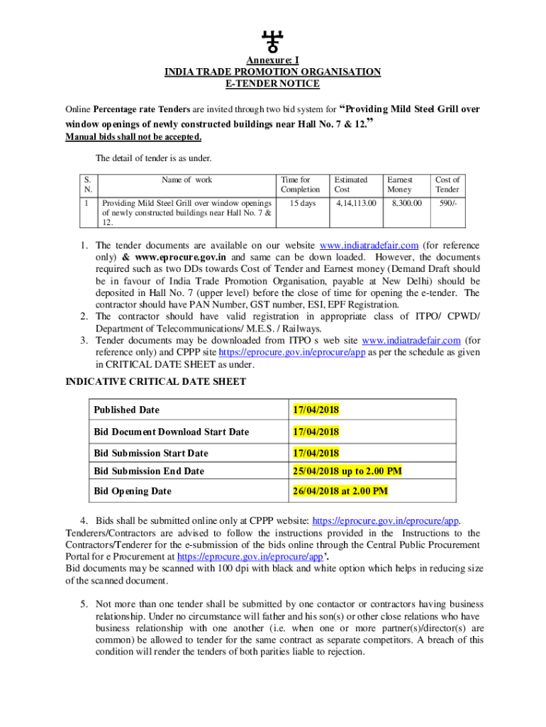 Fillable Online Annexure: I INDIA TRADE PROMOTION ORGANISATION E-TENDER NOTICE Online ... Fax ...