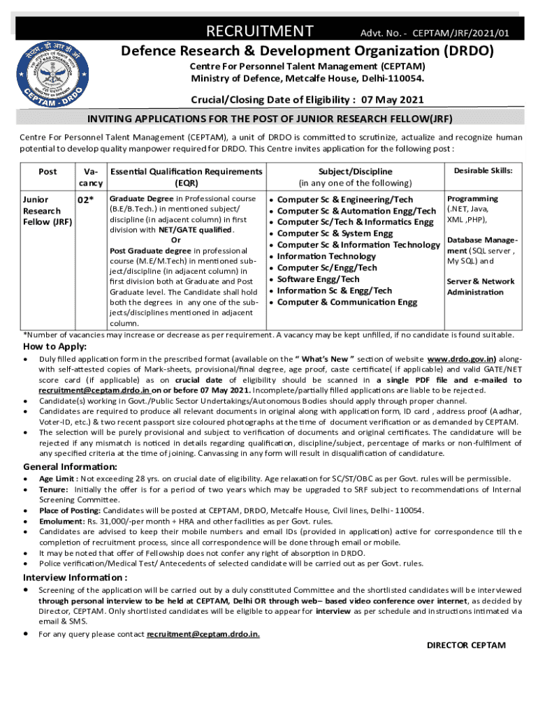 Fillable Online DRDO CEPTAM Recruitment 2021 for JRF Posts, Check ...