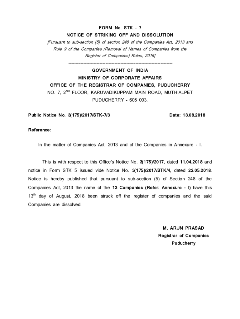 Fillable Online FORM No. STK - 7 NOTICE OF STRIKING OFF AND ... - MCA ...