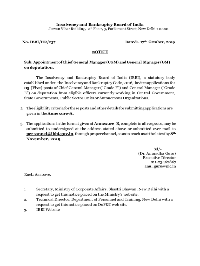 Fillable Online Appointment of Chief General Manager (CGM) and ...