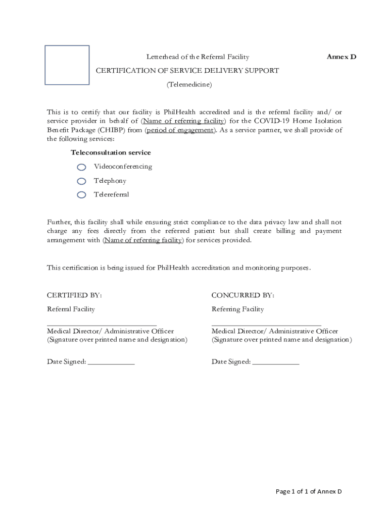 Fillable Online Annex D CERTIFICATION OF SERVICE DELIVERY ... Fax Email ...