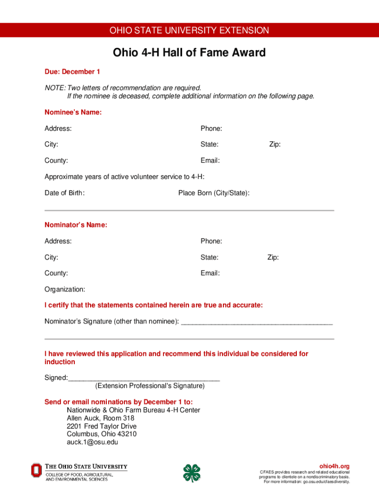 Fillable Online The Ohio 4-H Hall of Fame was initiated in 1977 during ...