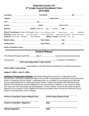 Fillable Online Gwinnett County 4-H 6 - Grade Council Enrollment Form 2019 ... Fax Email Print ...