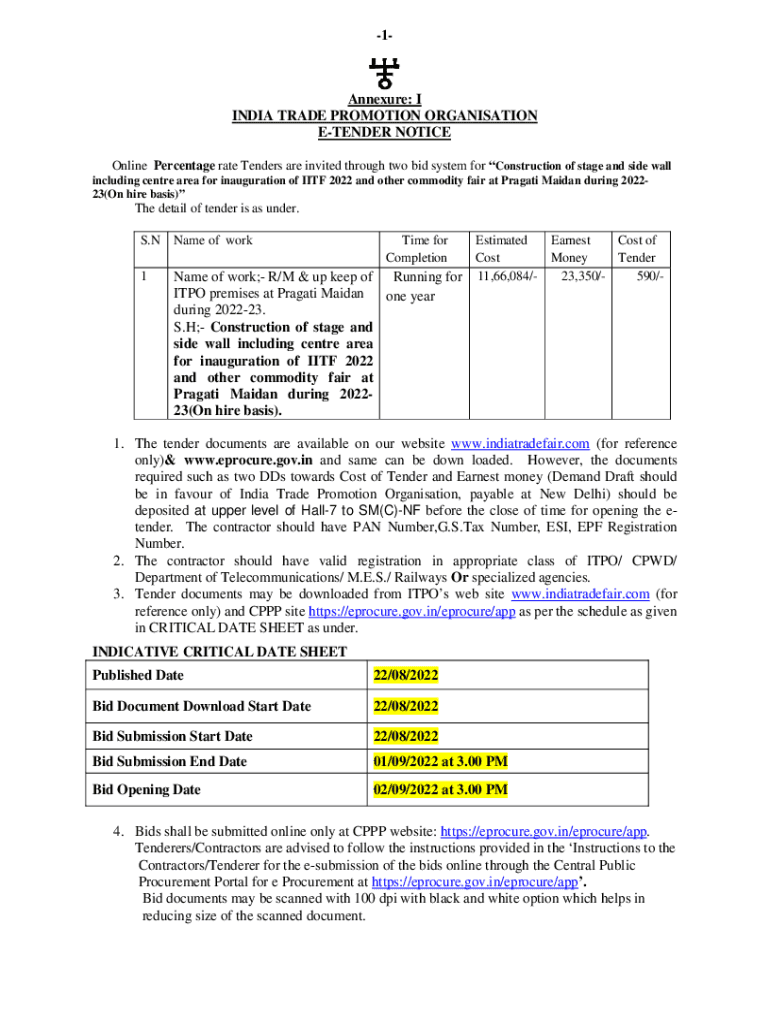Fillable Online indiatradefair.com uploads tender-1- Annexure: I INDIA TRADE PROMOTION ...
