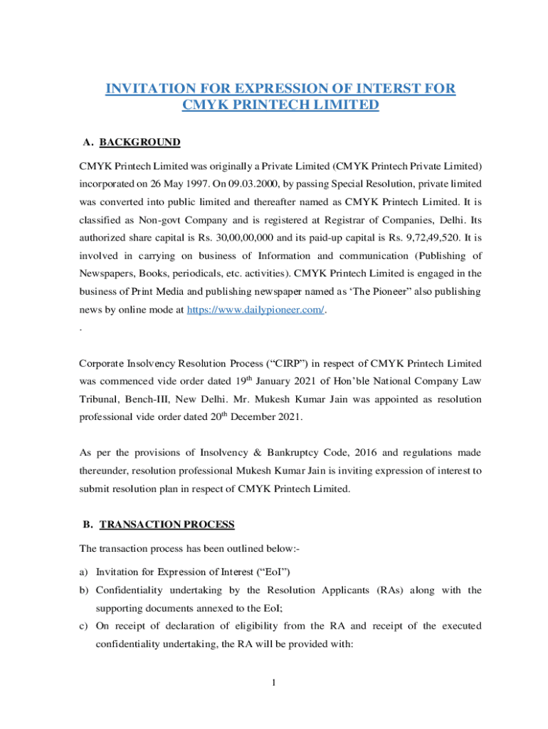 Fillable Online INVITATION FOR EXPRESSION OF INTERST FOR CMYK ... Fax Email Print - pdfFiller