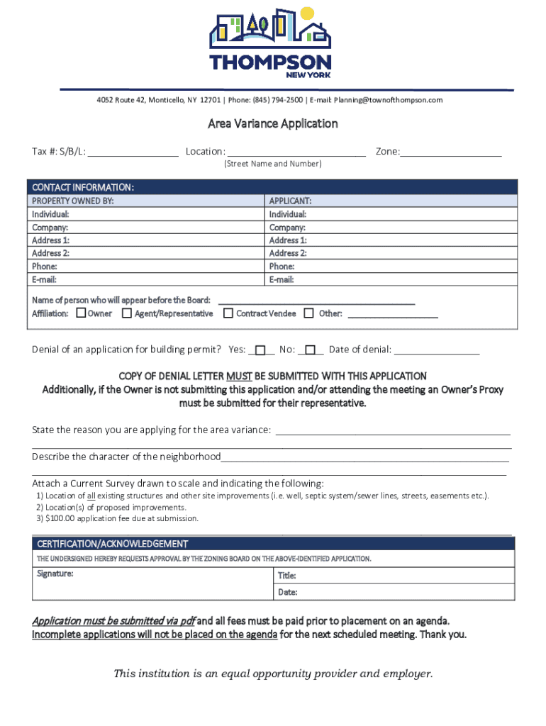 Fillable Online townofthompson.com 10 ZBA-Area-Fillable-4Area Variance Application - Town of ...
