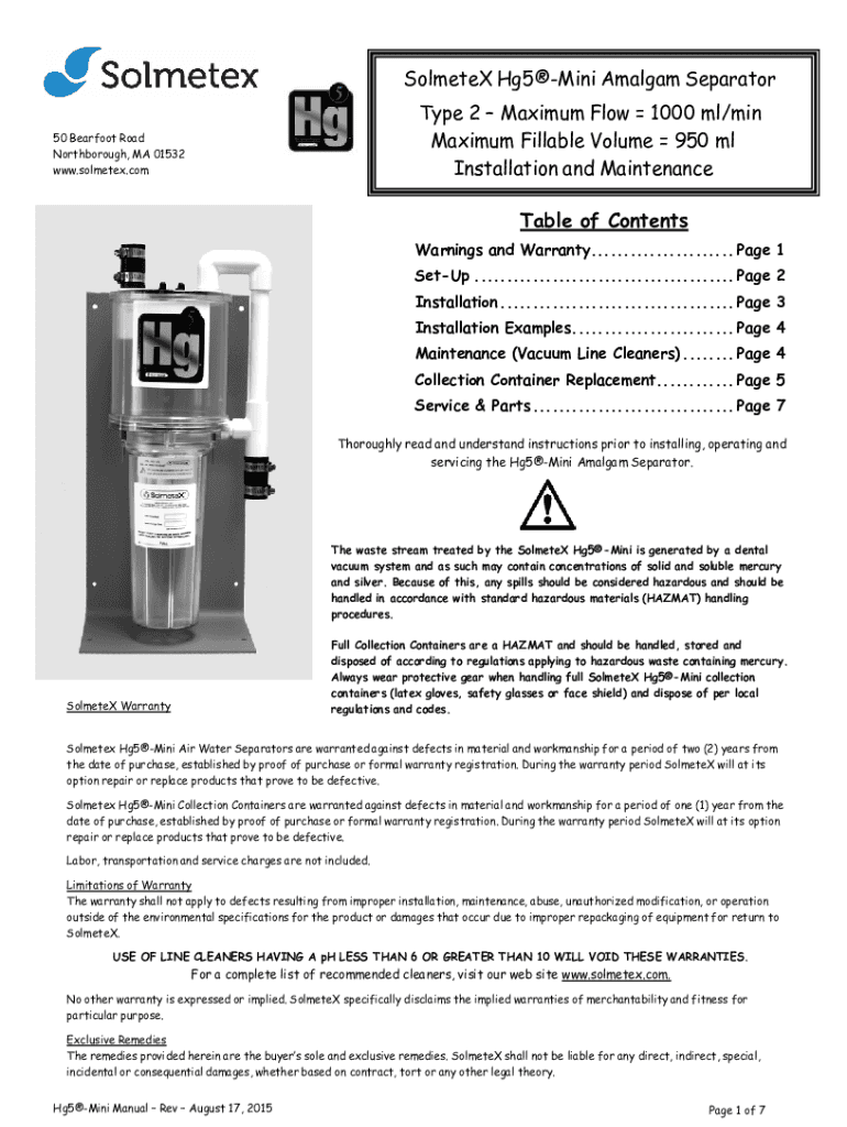 Fillable Online Table of Contents SolmeteX Hg5-Mini Amalgam Separator ...
