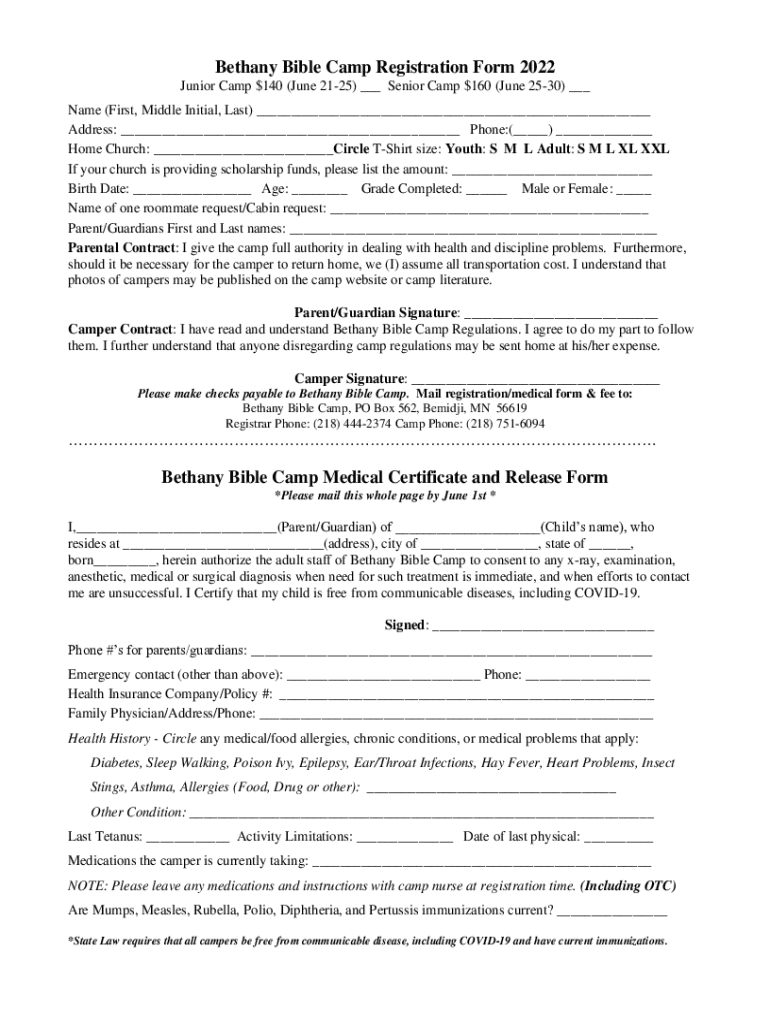 Fillable Online Junior CampBethany Bible Camp Fax Email Print - pdfFiller