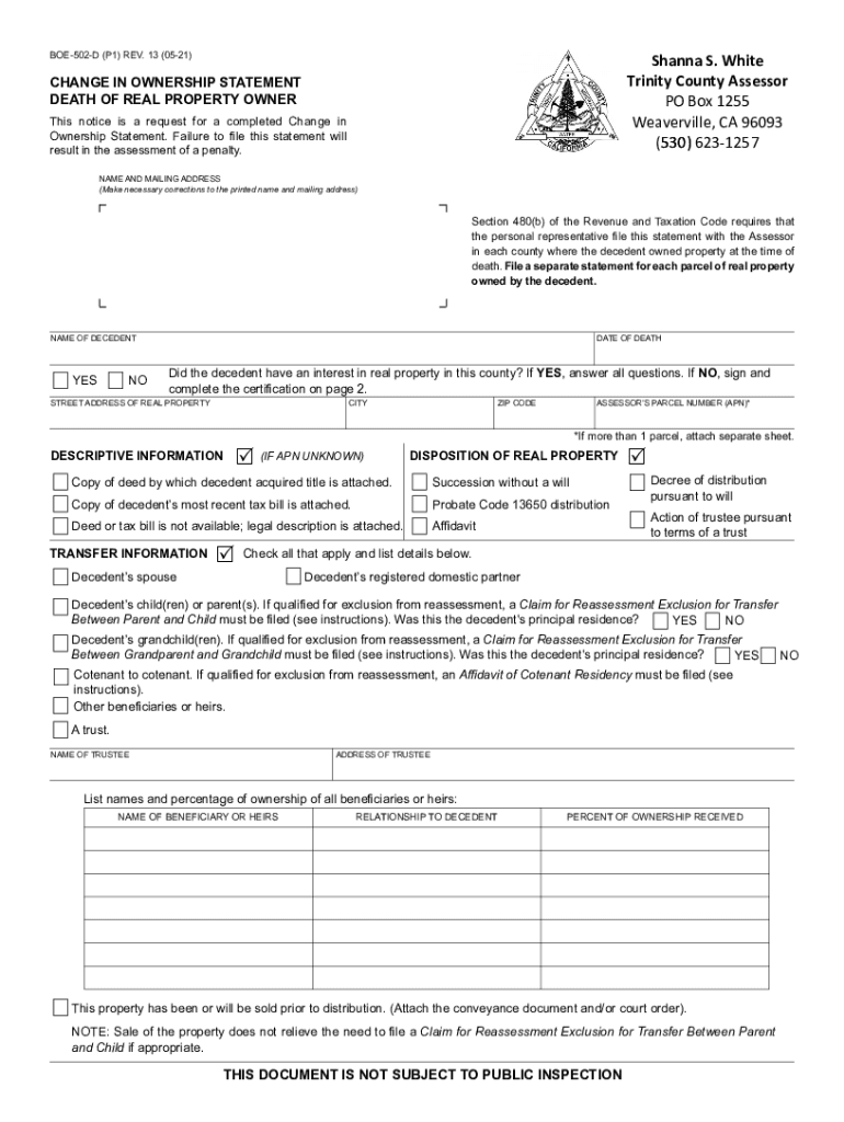 Fillable Online Shanna S. White Trinity County Assessor PO B 1255 W CA ...