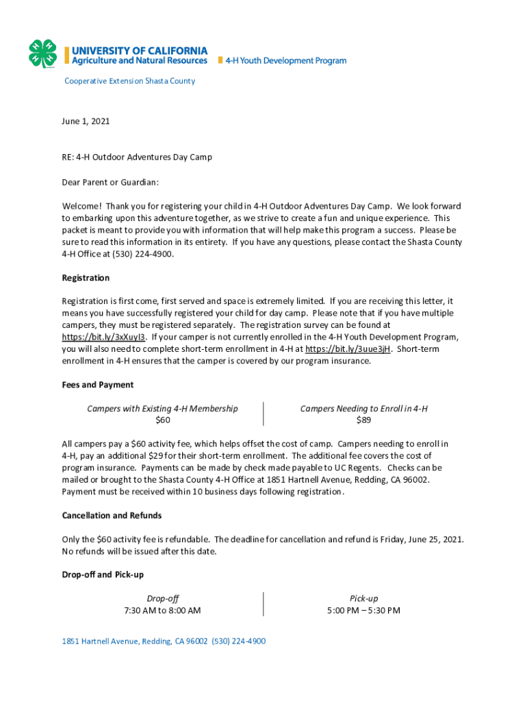 Fillable Online Welcome to the Shasta County 4-H Program - Shasta ...