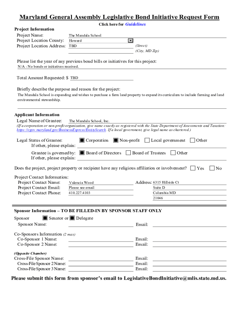 Fillable Online dls.maryland.govpubsprodLegislative Bond Initiative ...