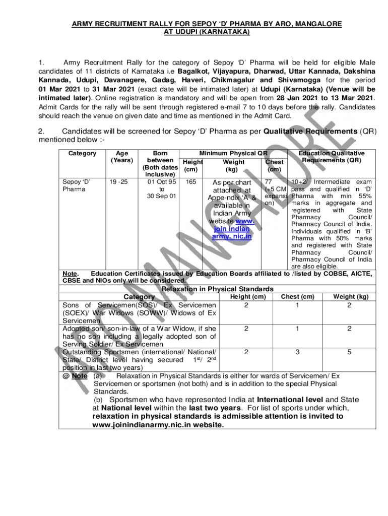 Fillable Online ARMY RECRUITMENT RALLY FOR SEPOY D PHARMA BY ARO ...