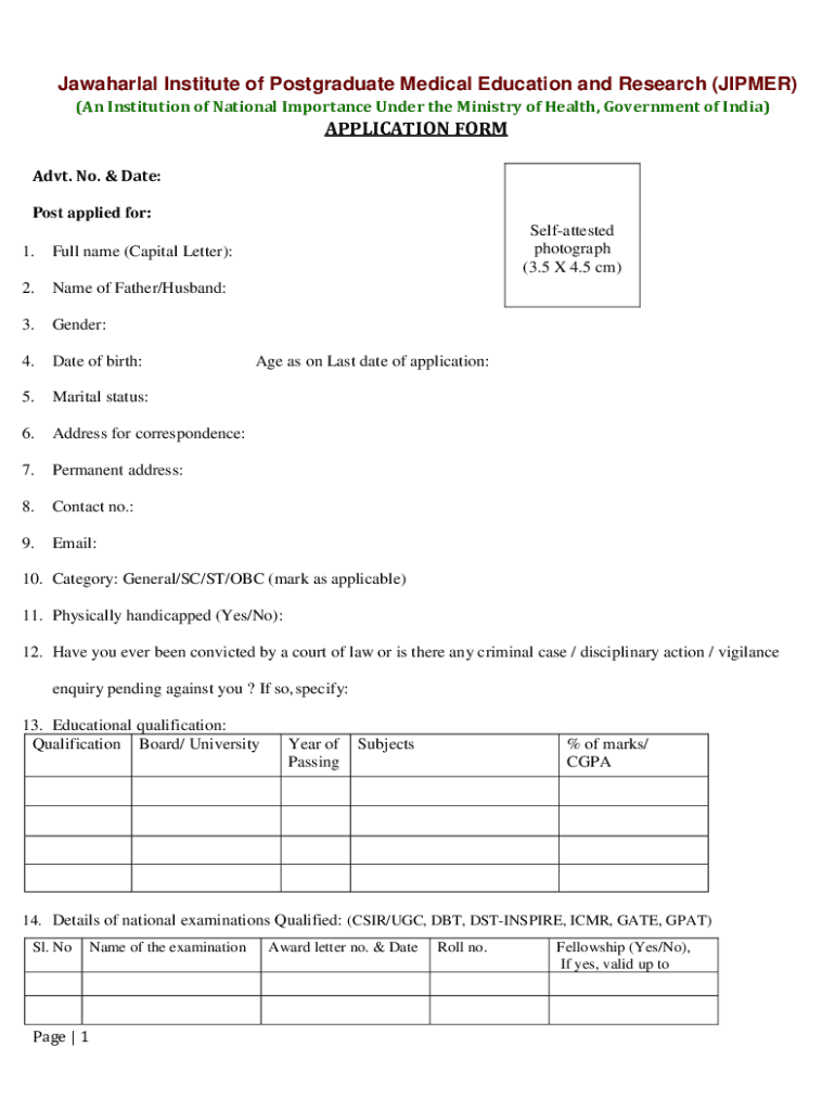 Fillable Online Application Form - Jipmer Fax Email Print - pdfFiller