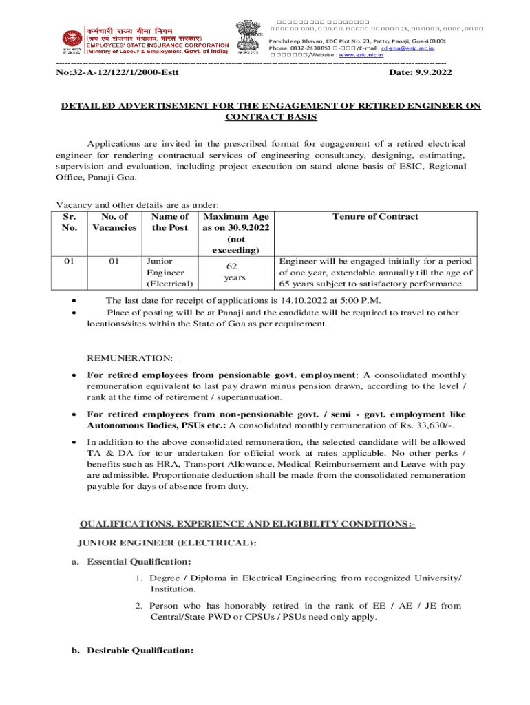 Fillable Online Employee State Insurance Corporation (ESIC) - ESIC ...