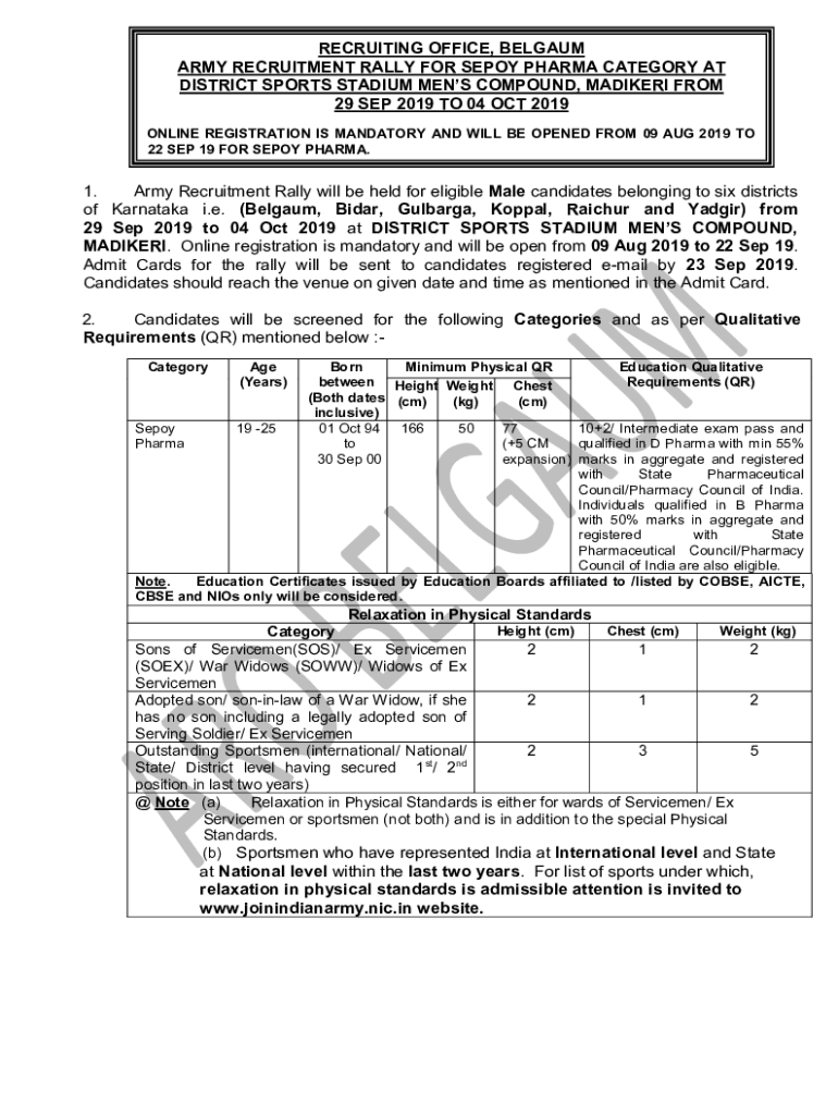 Fillable Online ARMY RECRUITMENT RALLY FOR SEPOY D PHARMA BY ARO ...