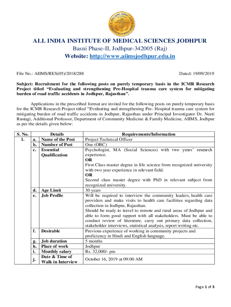 Fillable Online AIIMS JodhpurAIIMS JodhpurAIIMS RecruitmentAIIMS ...