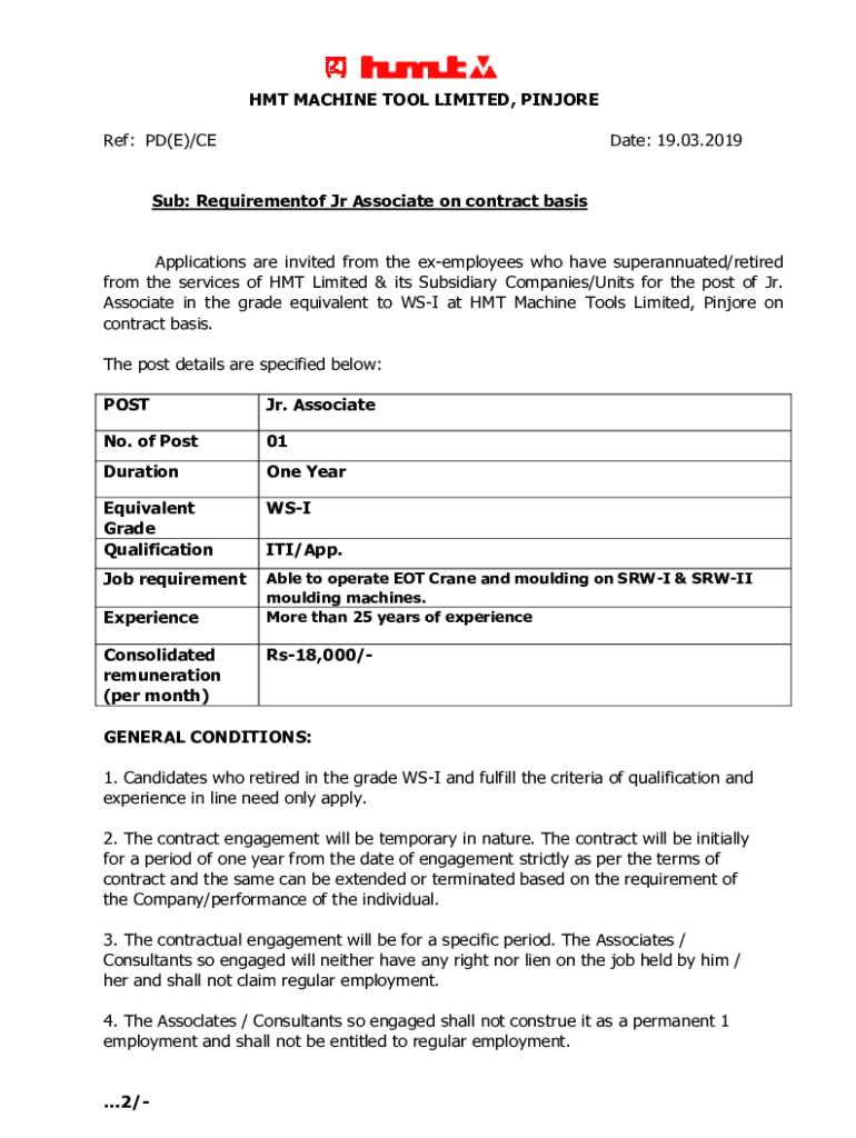 Fillable Online HMT MACHINE TOOL LIMITED, PINJORE Ref: PD(E)/CE Date ... Fax Email Print - pdfFiller