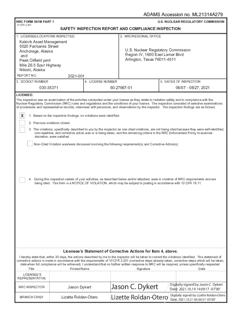 Fillable Online Kakivik Asset Management, NRC Form 591M, Inspection ...