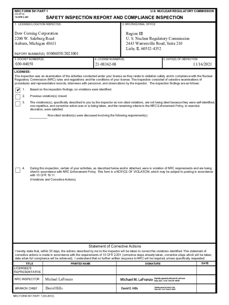 Fillable Online Dow Corning Corporation - NRC Form 591 Part 1, Inspection Report 03004858/ ...
