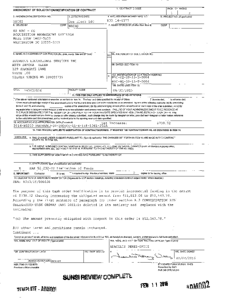 Fillable Online AMENDMENT OF SOLICITATIONIMODIFICATION OF CONTRACT I. CONTRACT ID CODE ... Fax ...