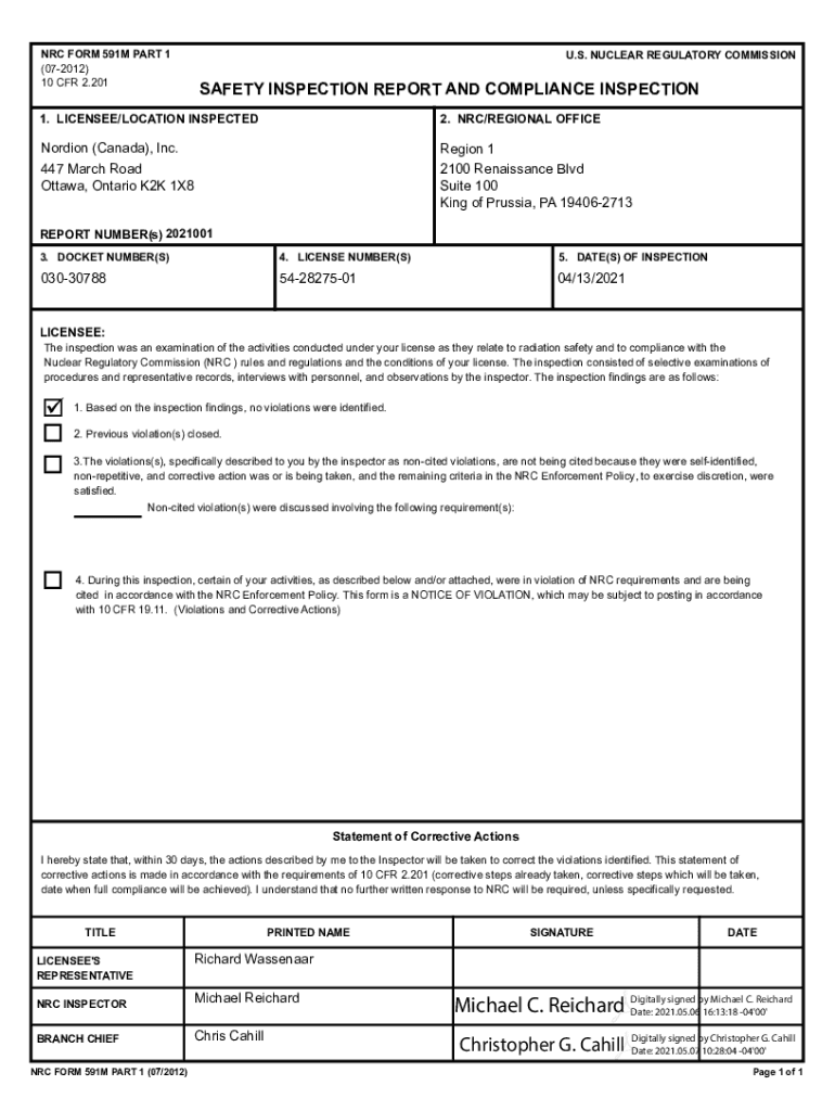 Fillable Online Nordion (Canada), NRC Form 591M, Inspection Report No ...