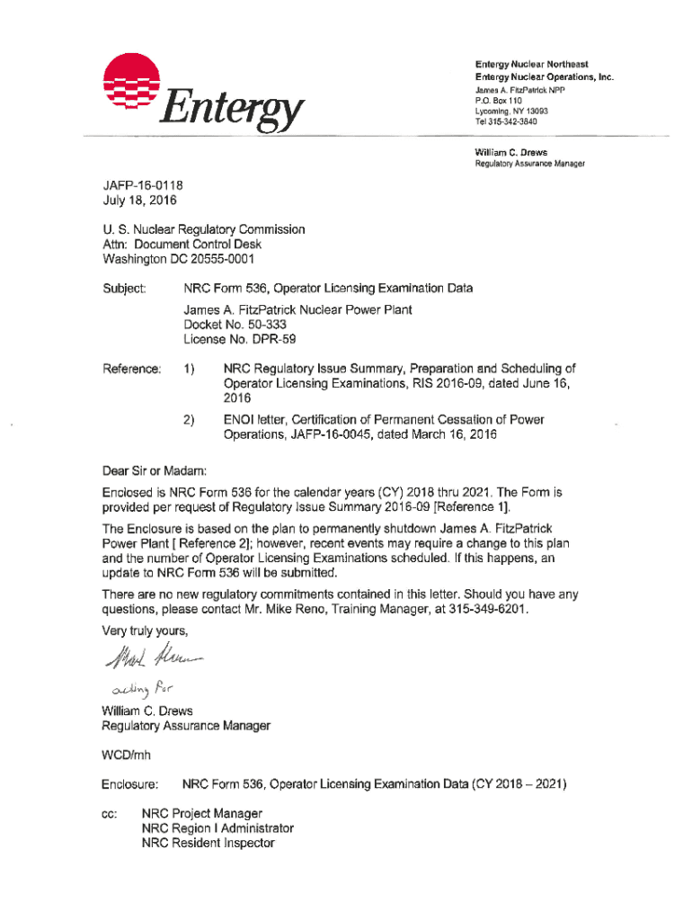 Fillable Online James A. FitzPatrick - NRC Form 536, Operator Licensing ...