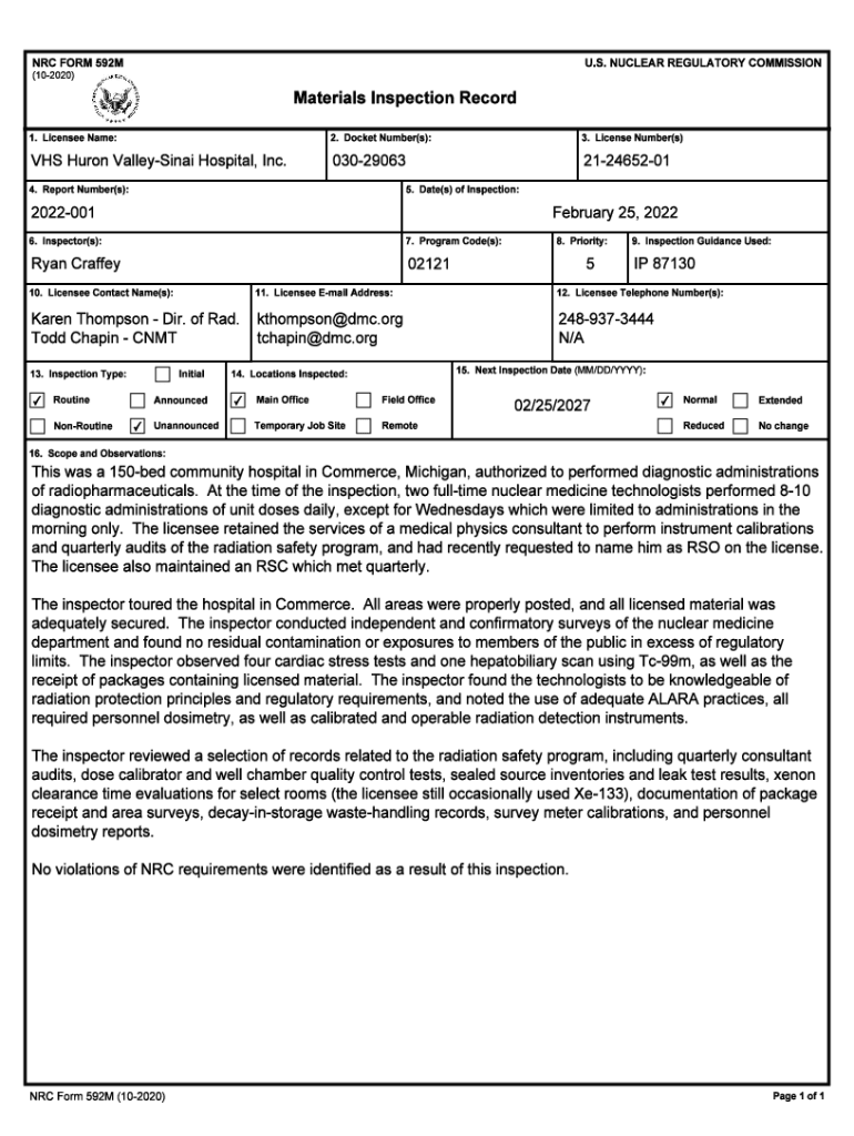 Fillable Online VHS Huron Valley-Sinai Hospital, Inc., NRC Form 592 ...