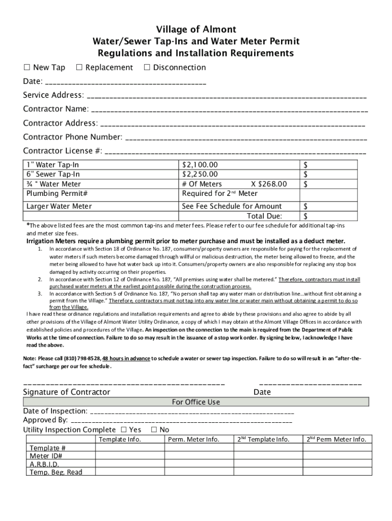 Fillable Online Village of Almont Water/Sewer Tap-Ins and Water Meter ...