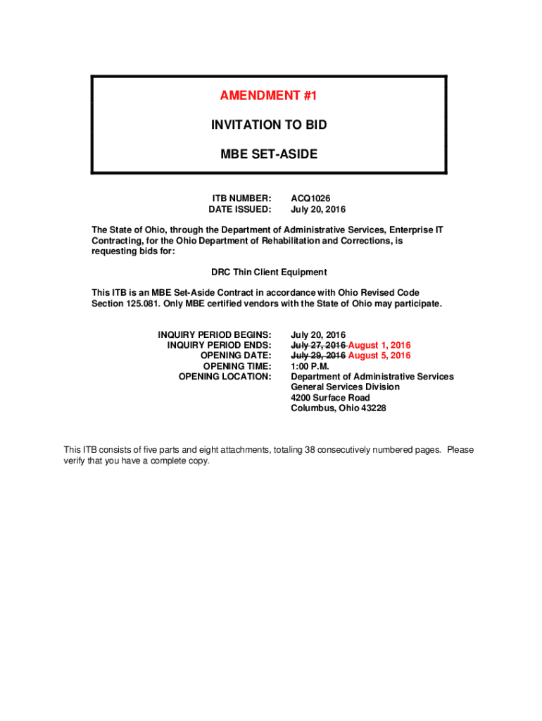 Fillable Online procure ohio Amendment #1 Invitation For Bids Solicitation Number Date Issued ...