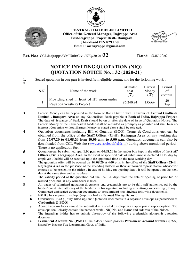 Fillable Online NOTICE INVITING QUOTATION (NIQ) QUOTATION NOTICE No ...