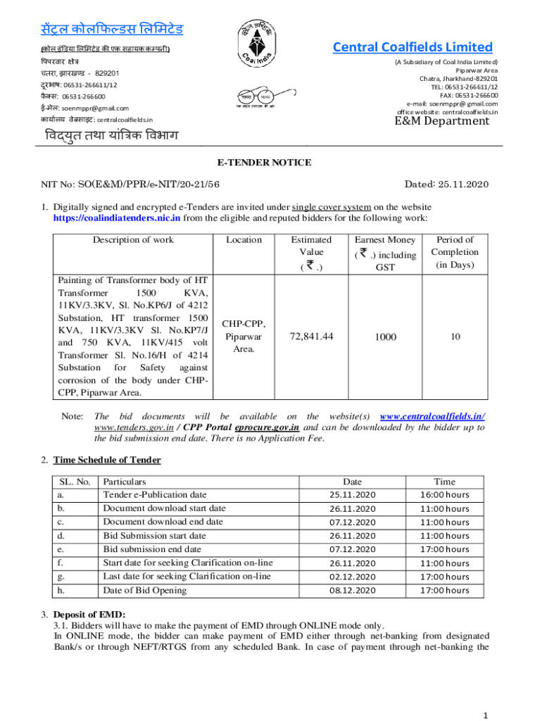 Fillable Online Central Coalfields Limited(A Subsidiary of Coal India ...