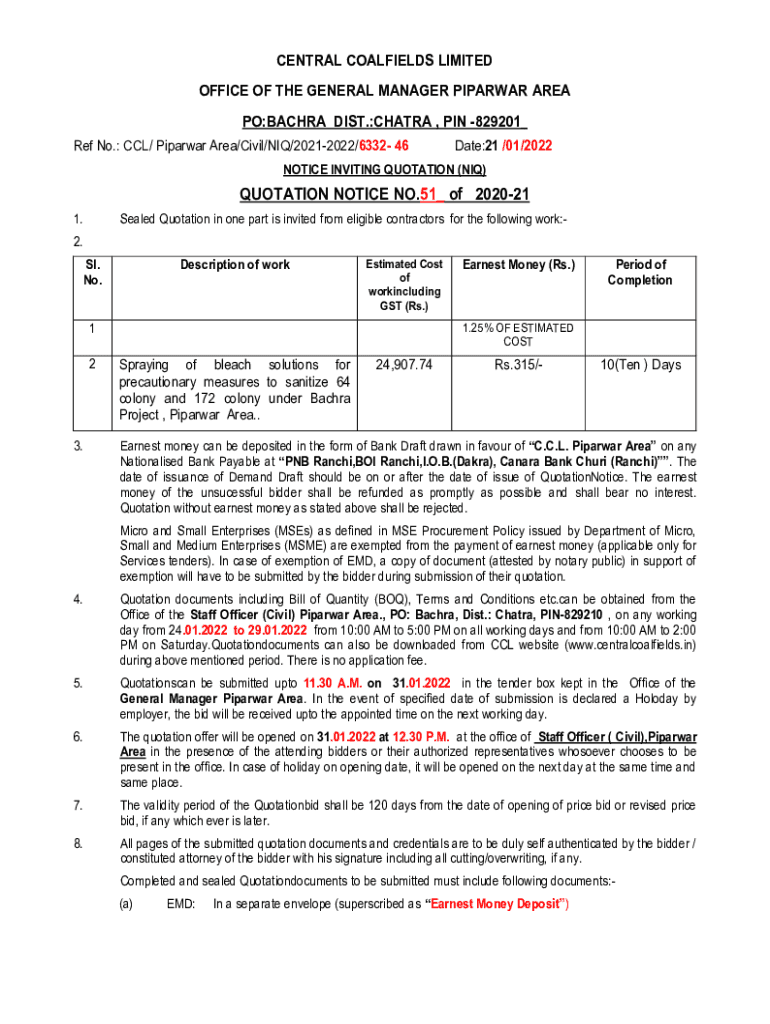 Fillable Online NOTICE INVITING QUOTATION (NIQ) QUOTATION NOTICE NO.51 ...