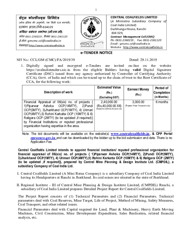 Fillable Online e-TENDER NOTICE - Ranchi Fax Email Print - pdfFiller