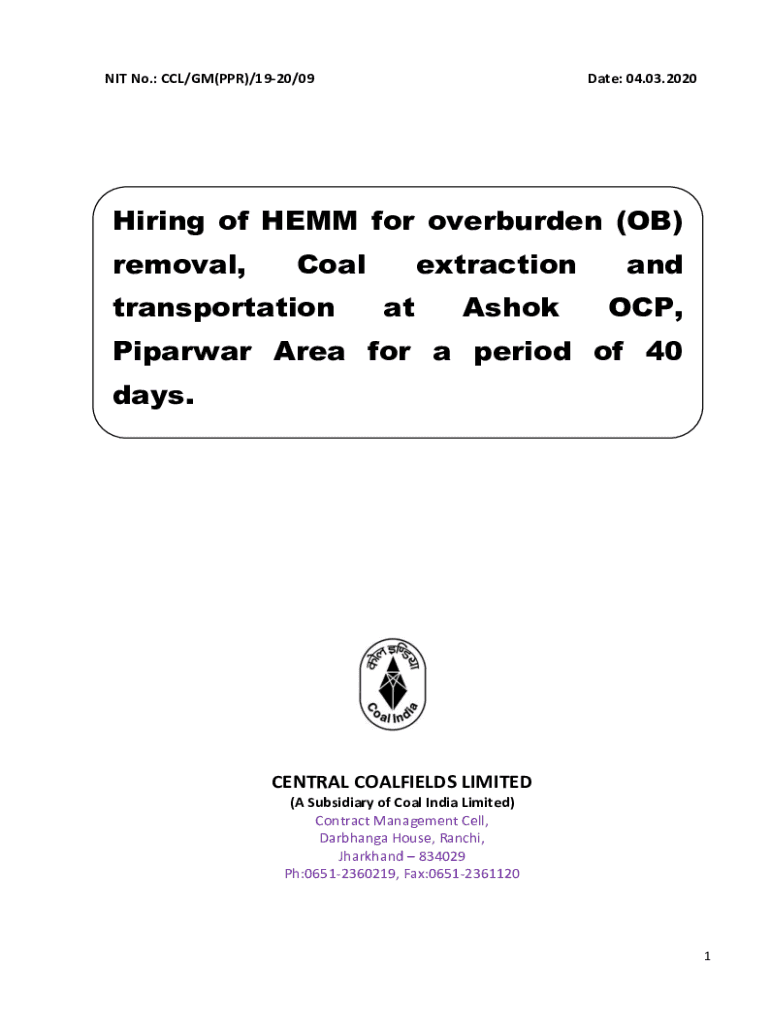 Fillable Online Hiring of HEMM for overburden (OB) removal, Coal extraction ... Fax Email Print ...