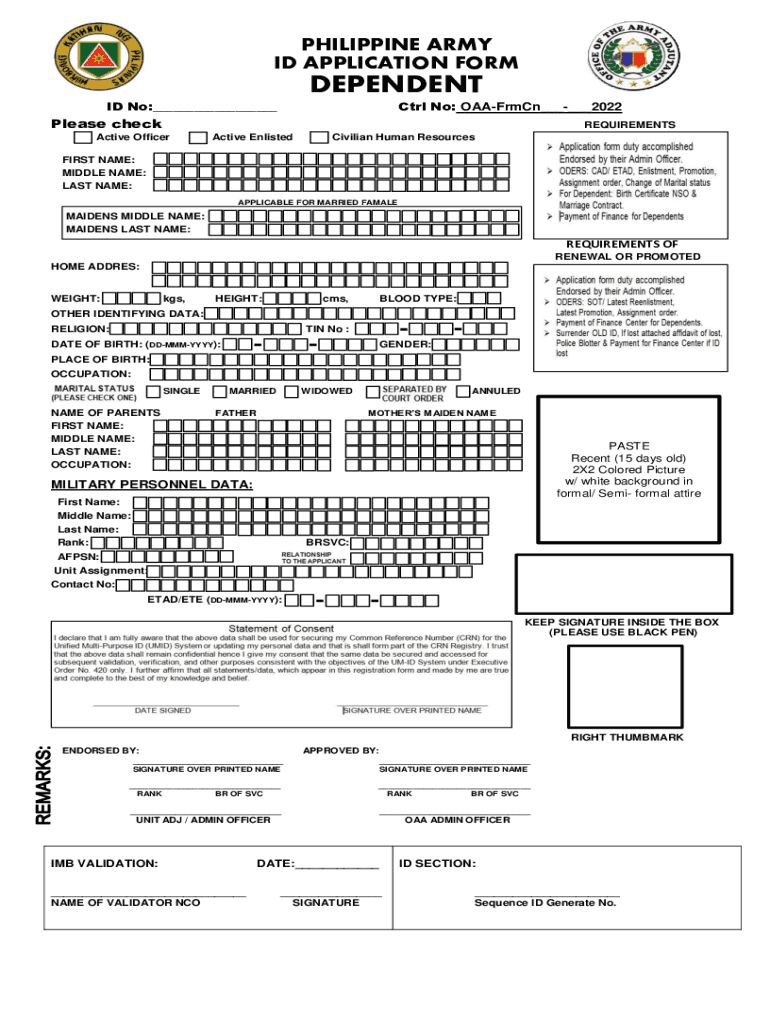 Fillable Online army.mil.phDependentIDFORMPHILIPPINE ARMY ID APPLICATION FORM DEPENDENT Fax ...