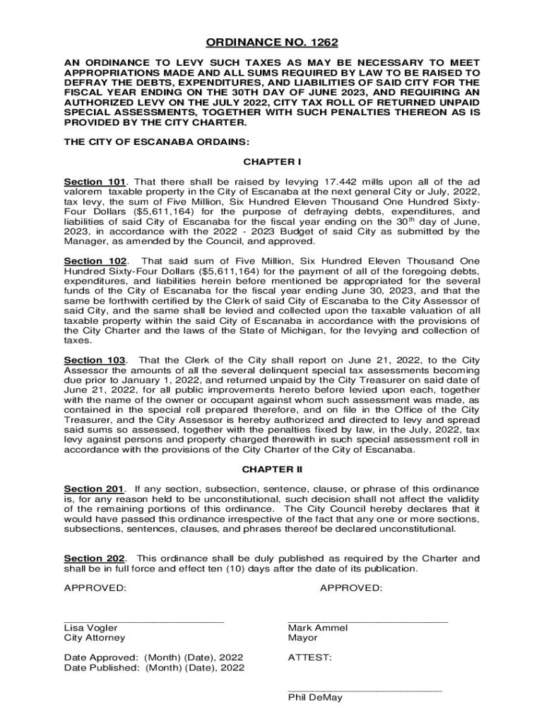 Fillable Online ORDINANCE NO. 1262 AN ORDINANCE PROVIDING FOR THE COLLECTION AND ... Fax Email ...
