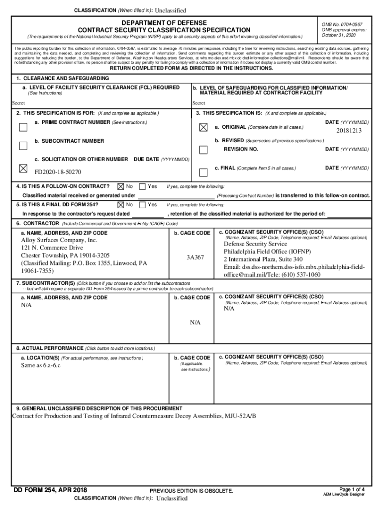 Fillable Online DEPARTMENT OF DEFENSE CONTRACT SECURITY CLASSIFICATION ...