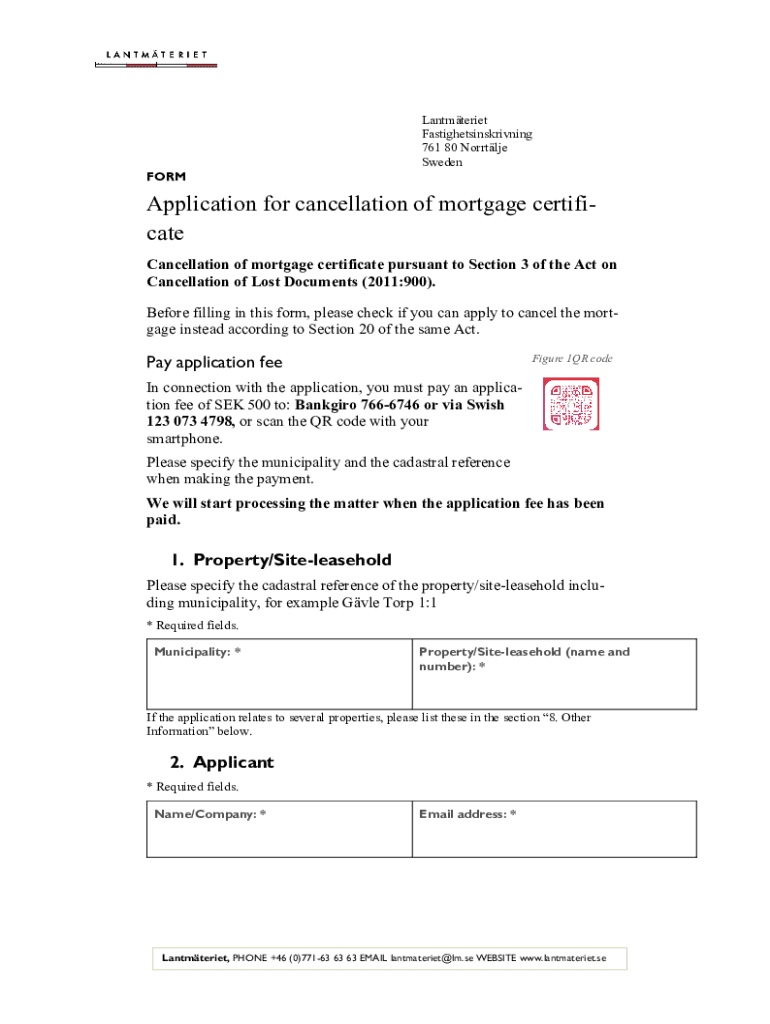 Sweden Mortgage Certificate Cancellation Form - Blank Fillable Template ...