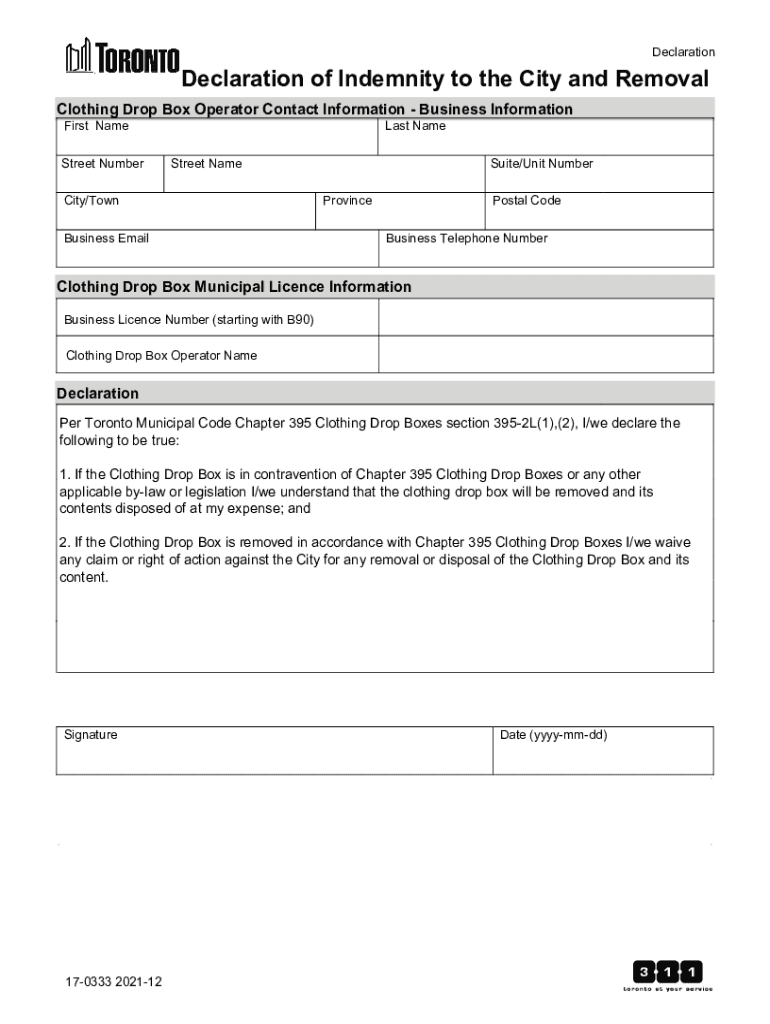 Fillable Online Declaration of Indemnity to the City and Removal Fax ...