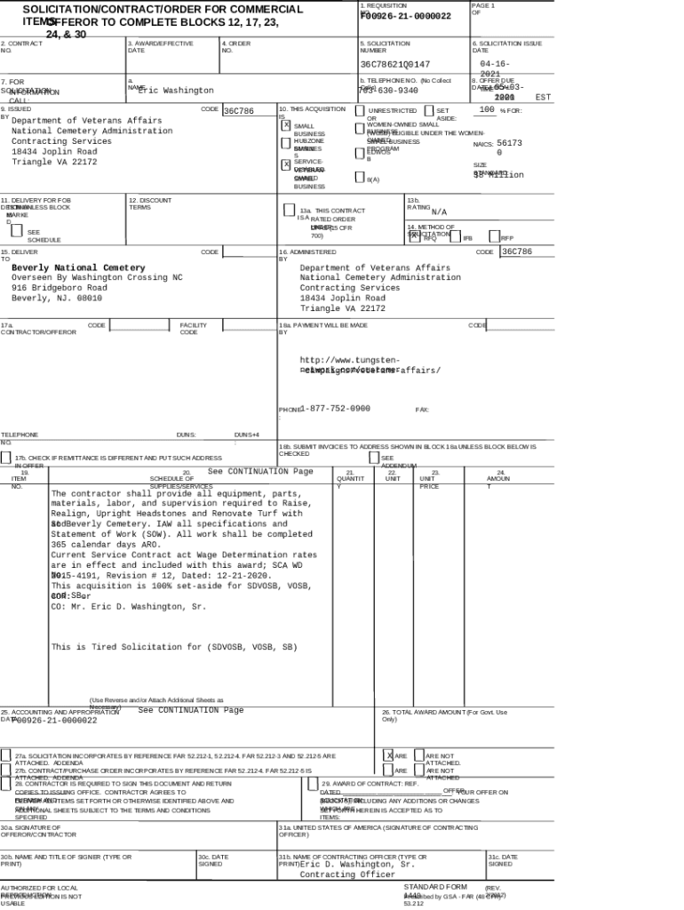 SECTION SF 1449 - CONTINUATION SHEET TABLE OF CONTENTS Sample Clauses ...