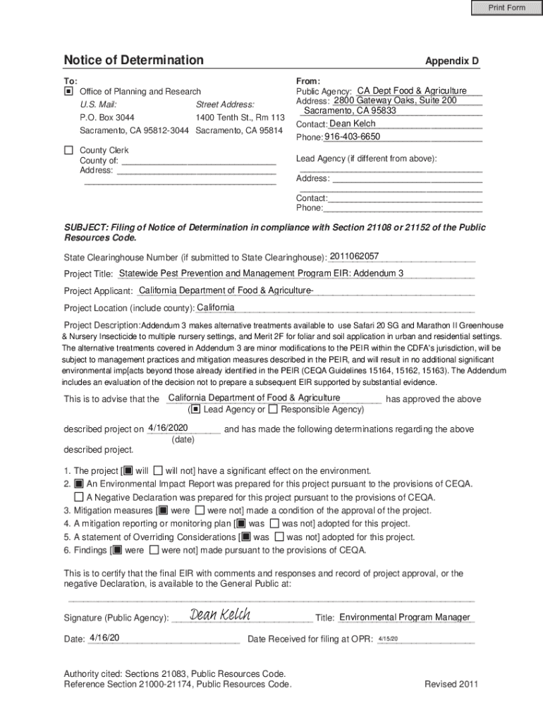Fillable Online Print Form Notice of Determination Appendix D ...